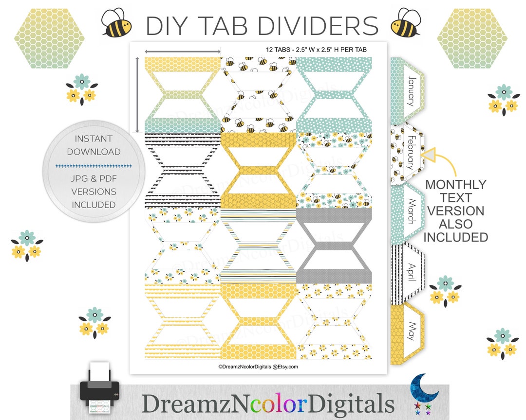 Printable Tabs - 2.5 Inch Bee Honeycomb Design - Planner, Folder, and ...
