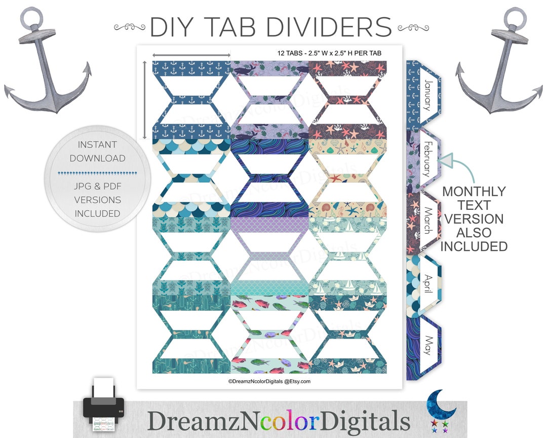 Printable Tabs - 2.5 Inch Ocean Themed Labels - Planner, Folder, and ...