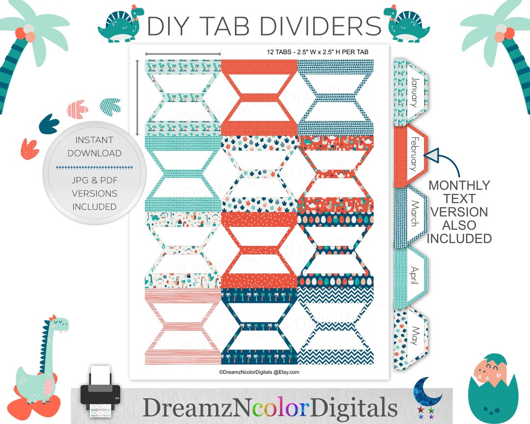 Printable Tabs - 2.5 Inch Dinosaur Design - Planner, Folder, and ...