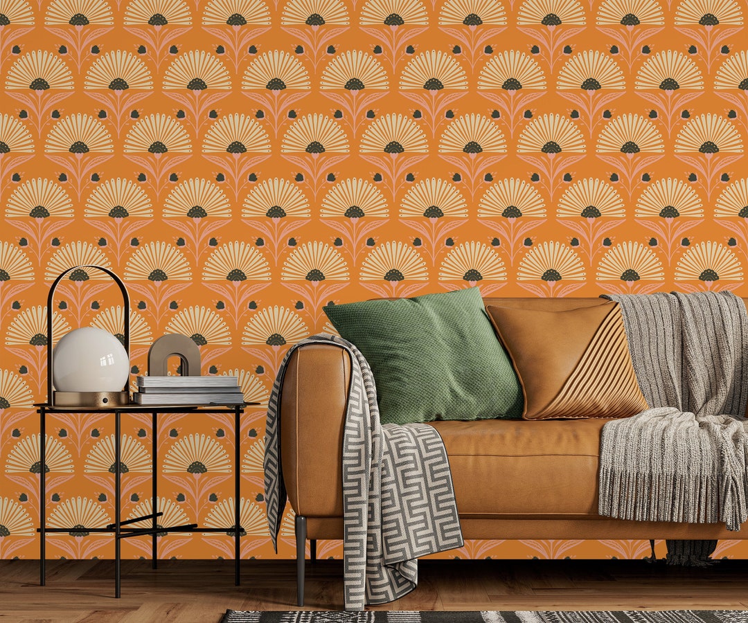Orange Art Deco Wallpaper - Jumbo Palm Pattern, Floral Art Nouveau ...