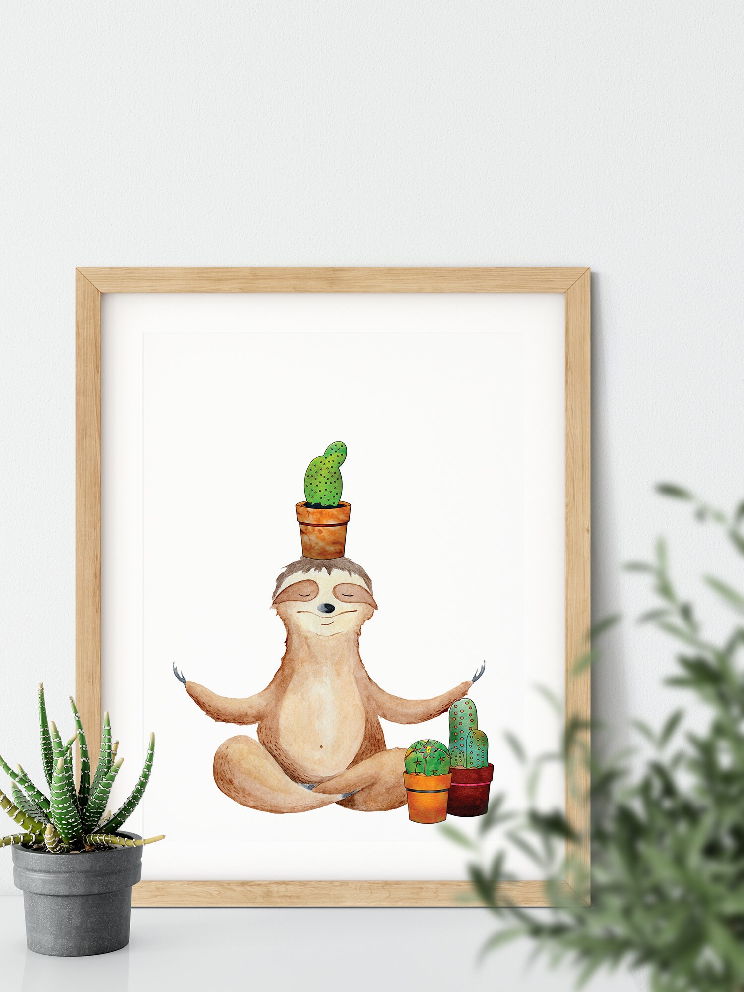 Meditating Sloth With Cactus Watercolor Art Print by Wallency - Etsy