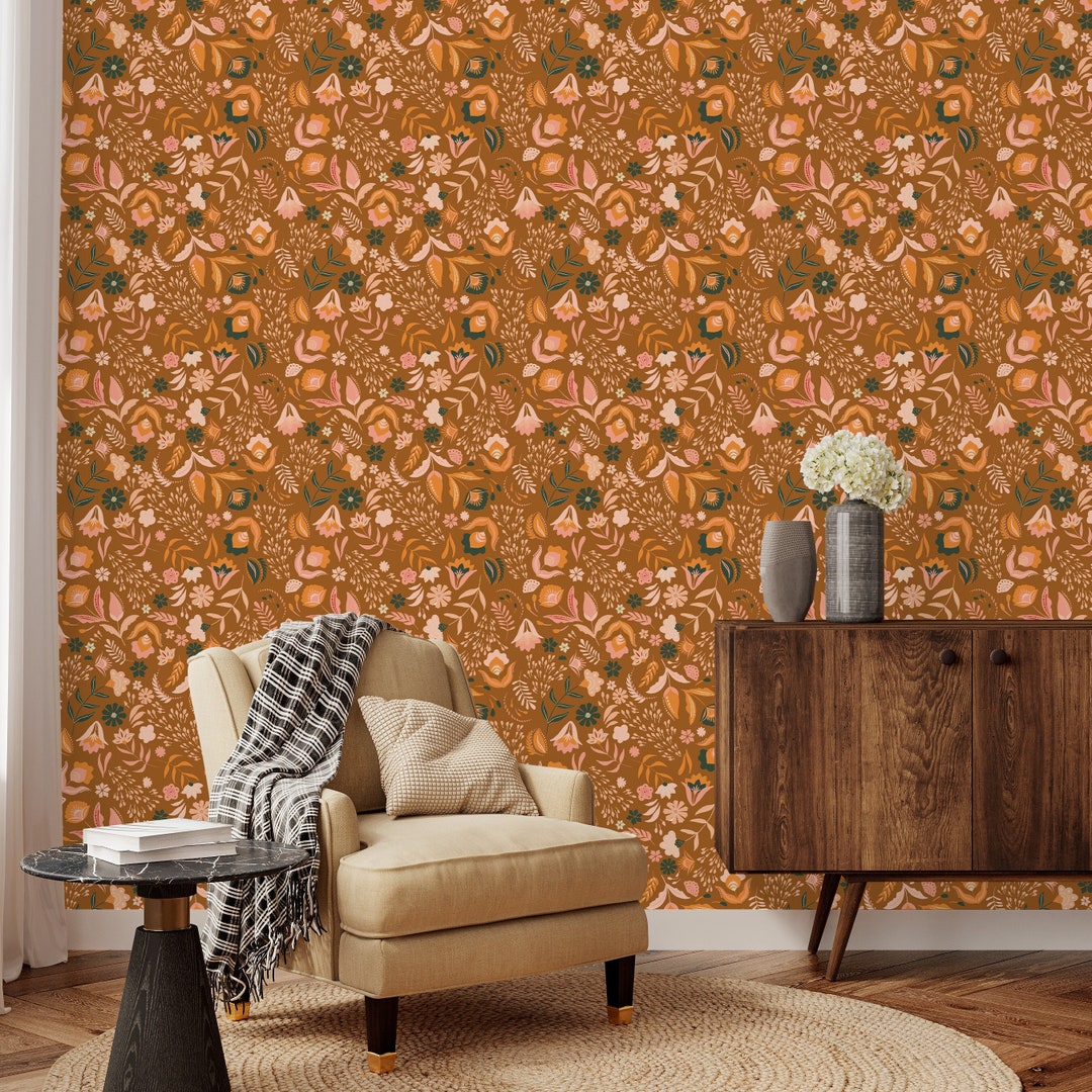 Boho Floral Wallpaper - Terracotta Flowers Botanical Mural, Wild ...