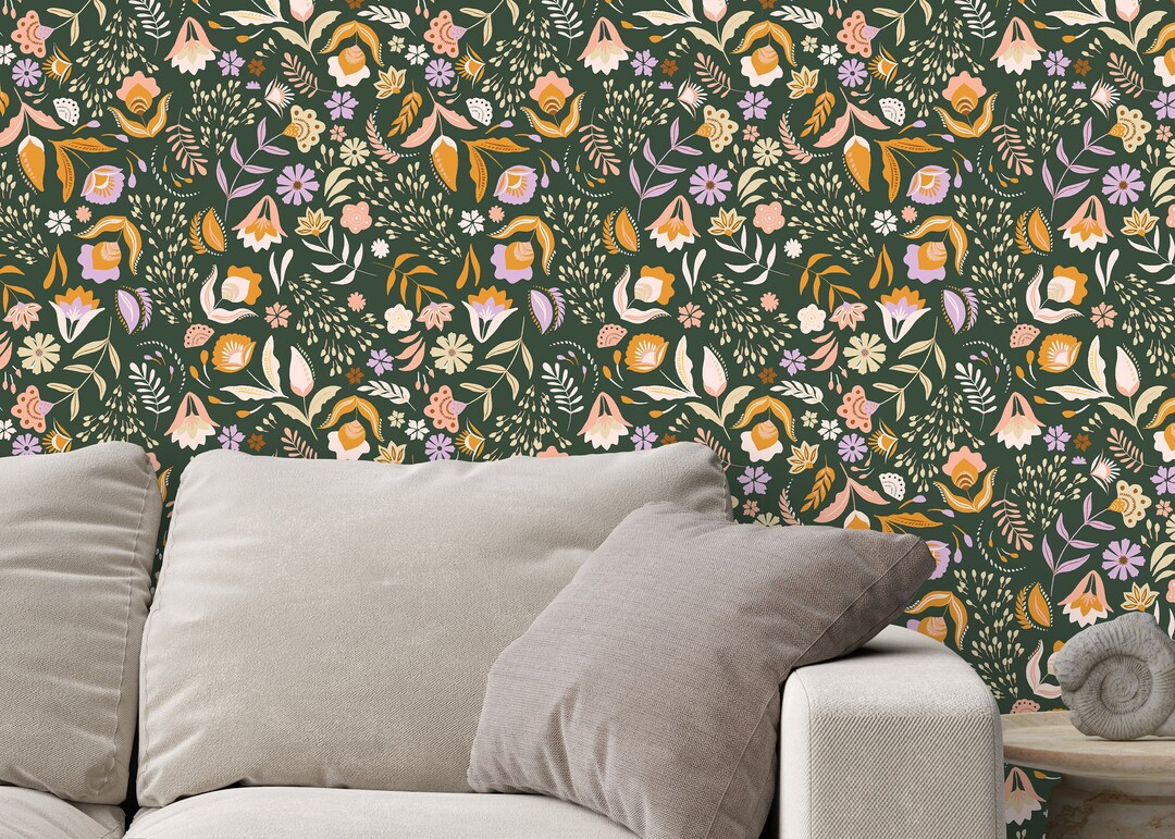 Boho Floral Wallpaper: Dark Green Botanical Mural, Removable Wallpaper ...