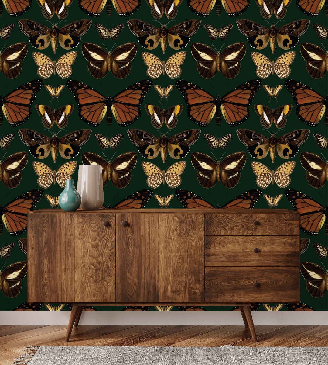 Vintage Butterfly Wallpaper by Wallency - Dark Green Butterfly Pattern ...