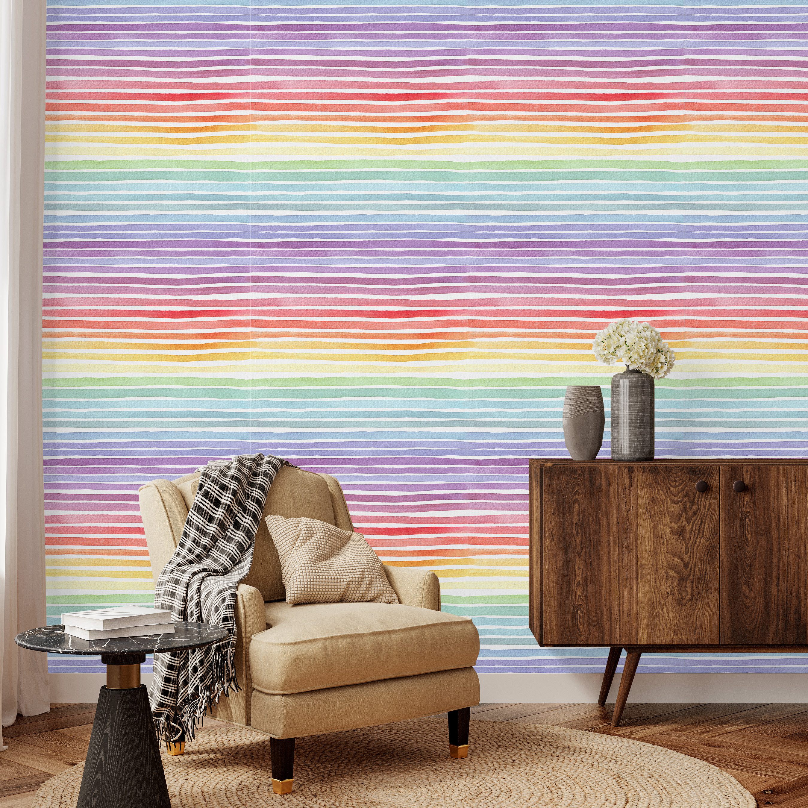 Watercolor Rainbow Stripe Wallpaper: Removable Kids Room Decor - Etsy