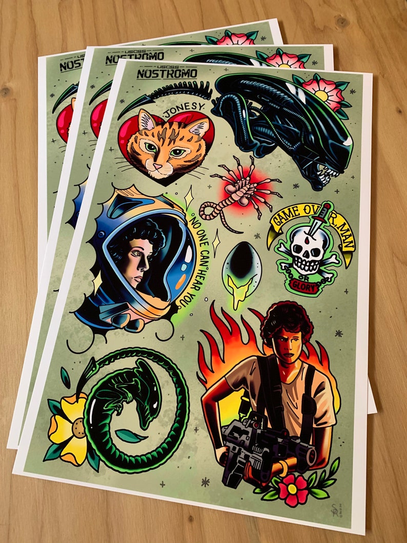 Alien Movie Tattoo Flash Sheet Art Print - Etsy