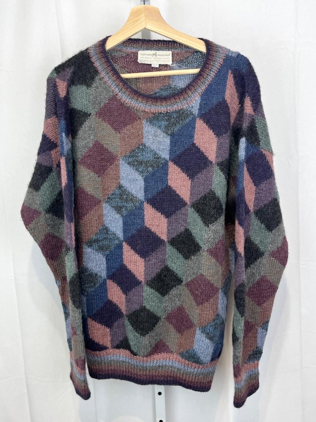 PERUVIAN CONNECTION VTG Alpaca Sweater Handmade Pullover Crew Geo ...