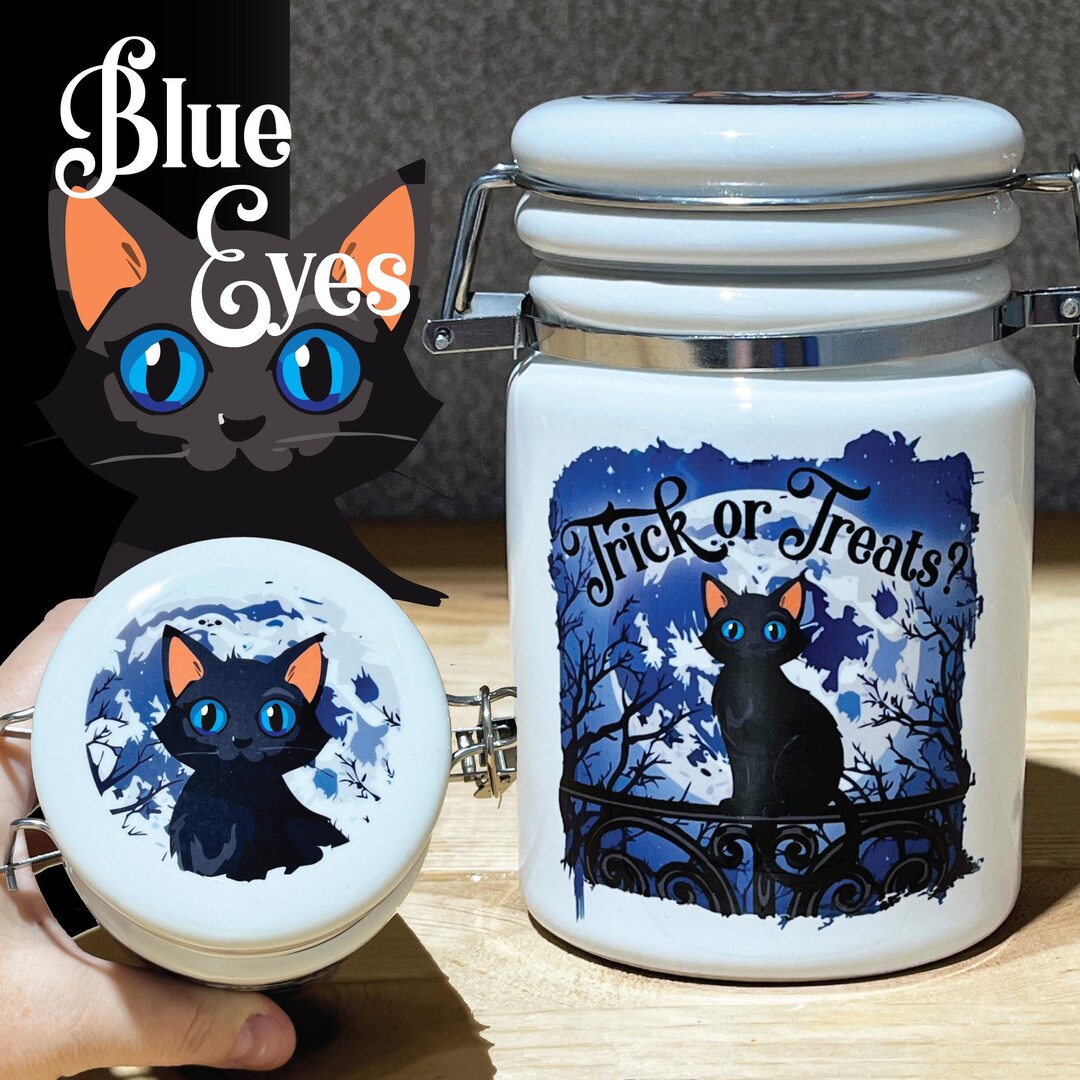 Black Cat TRICK or TREATS? Catnip Treat Storage Jar / Halloween / Funny ...