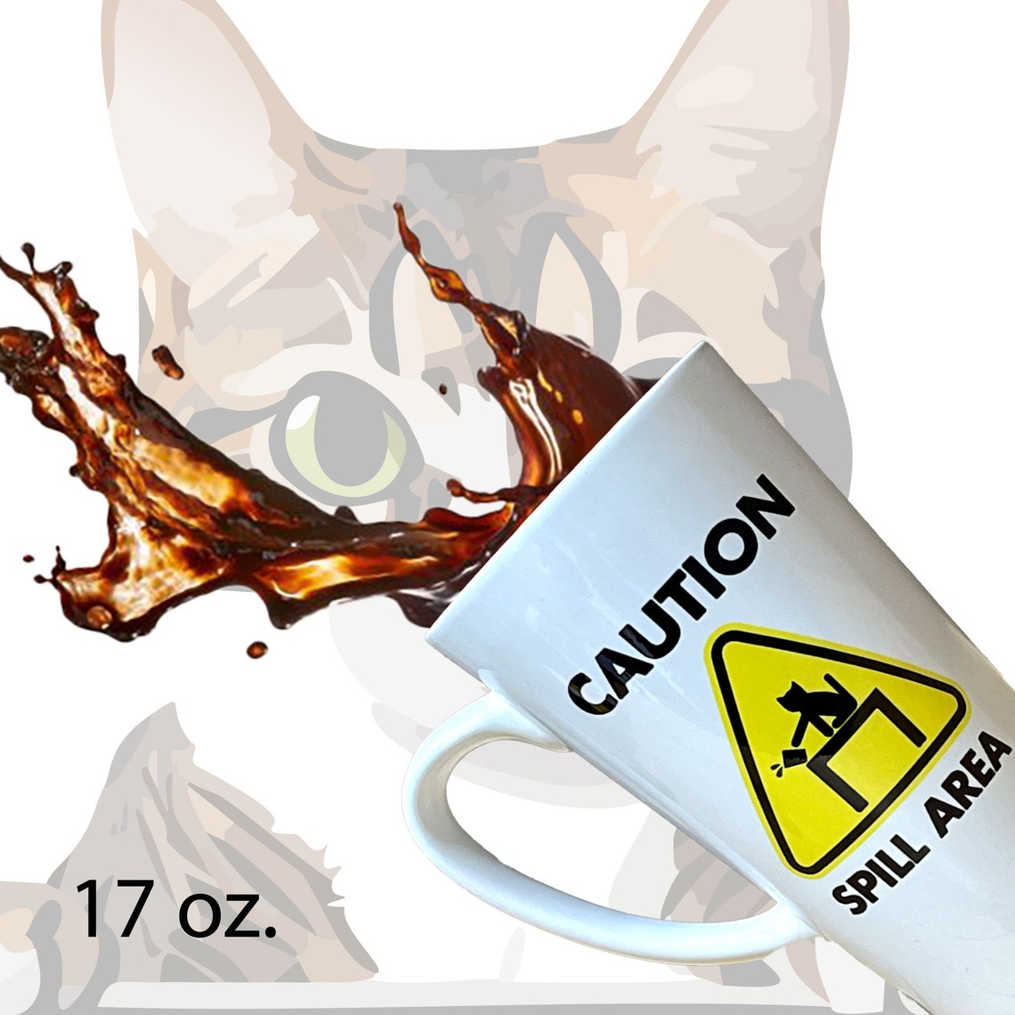 17oz. Ceramic Latte Mug / Caution Spill Area / Cat Antics / Humorous ...