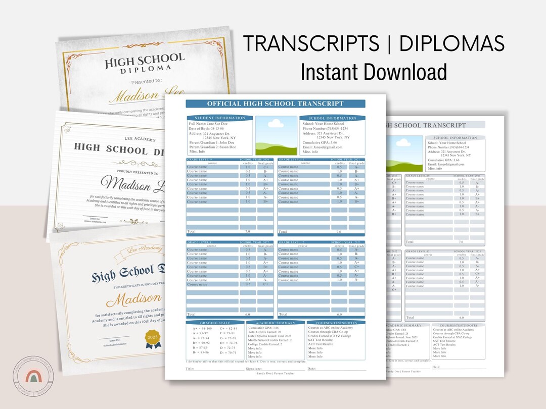 High School Diploma Template, Editable High School Transcript ...