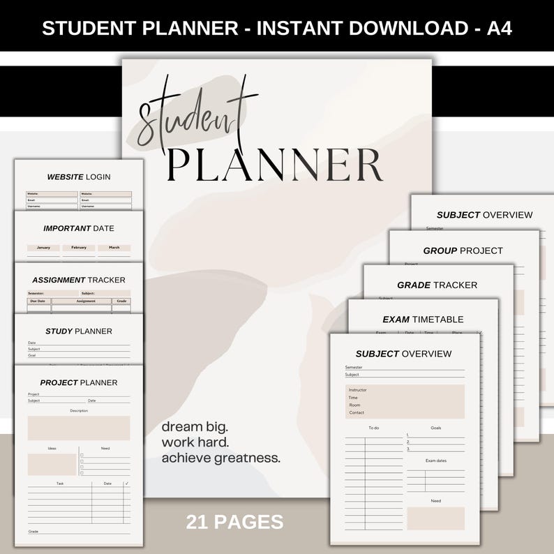 Printable Student Planner PDF: A4 Study Schedule, Homework Tracker ...