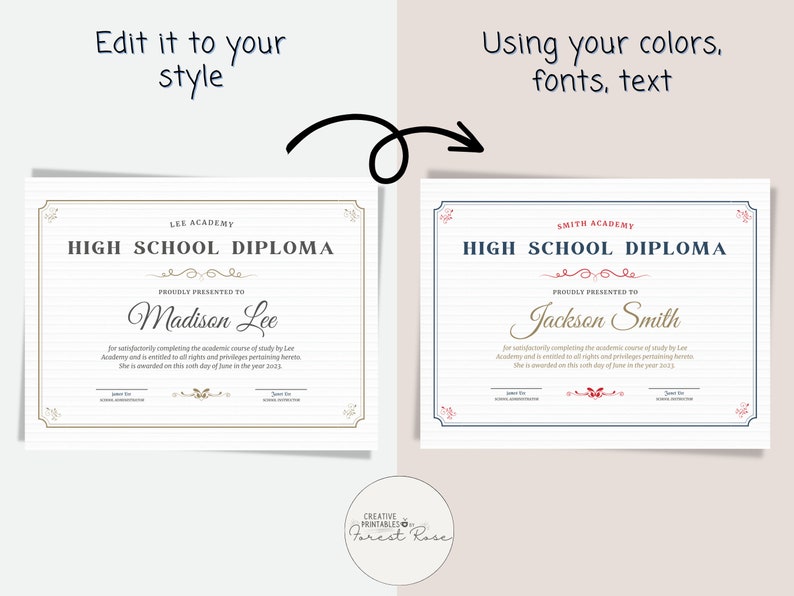Editable High School Diploma Template, Graduation Template Bundle ...