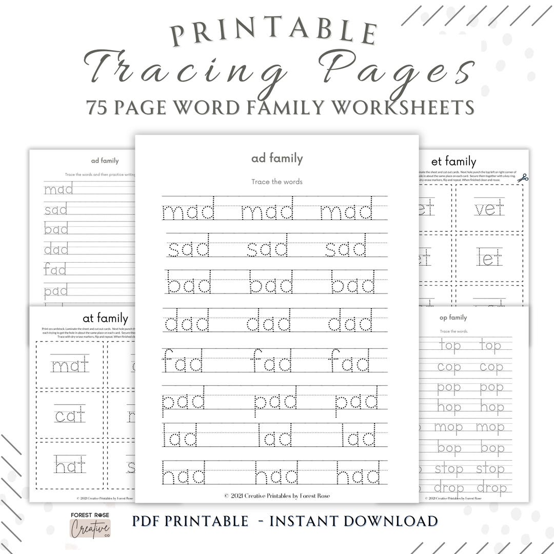 Word Family Tracing Worksheets for Preschool | Phonics Word Families ...