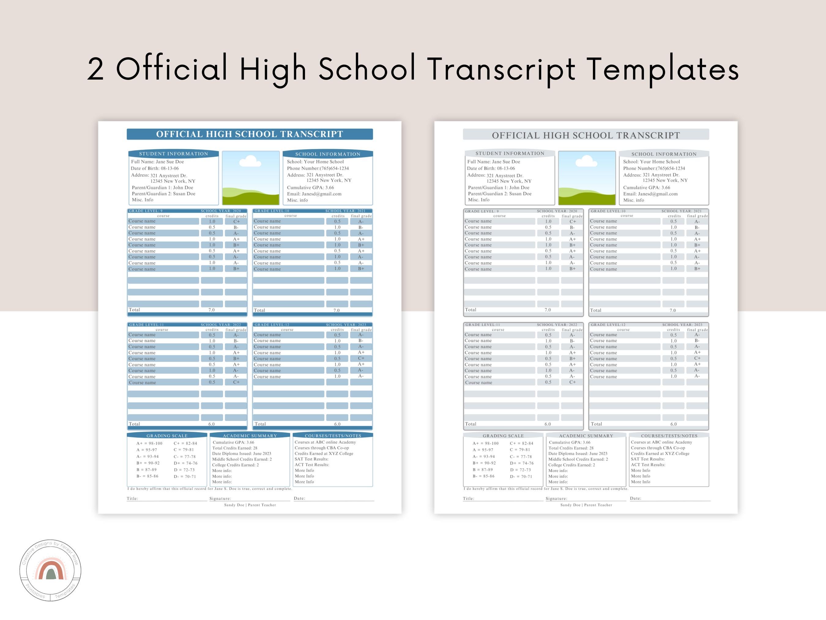 High School Diploma Template, Fillable High School Transcript Template ...