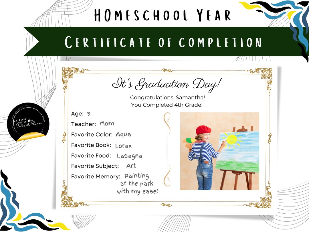 Homeschool Year Completion Certificate: Printable Template, Editable ...
