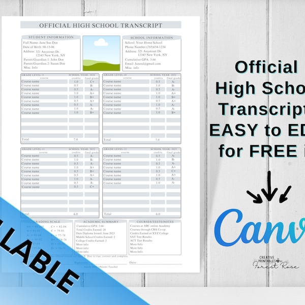 Fillable Printable High School Transcript Canva Template - Etsy