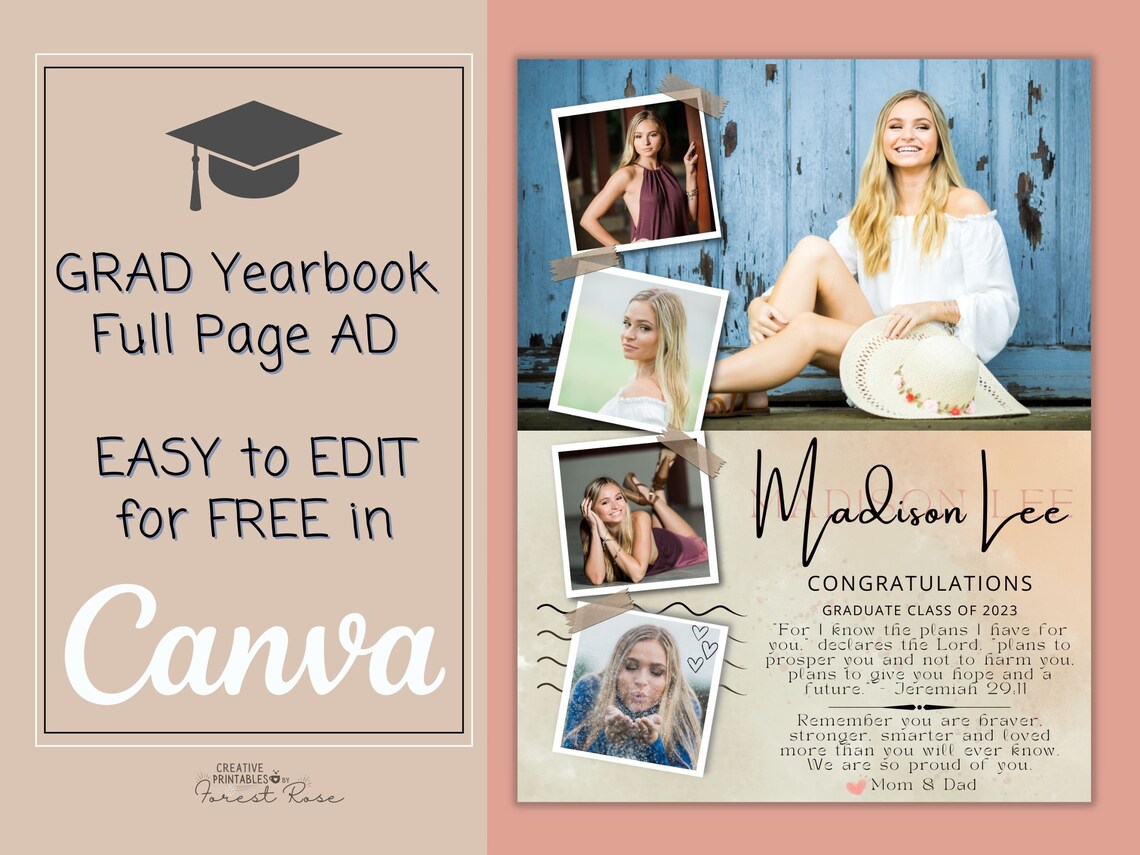 FULL PAGE Yearbook Ad Template, Graduation Tribute Page , Editable ...
