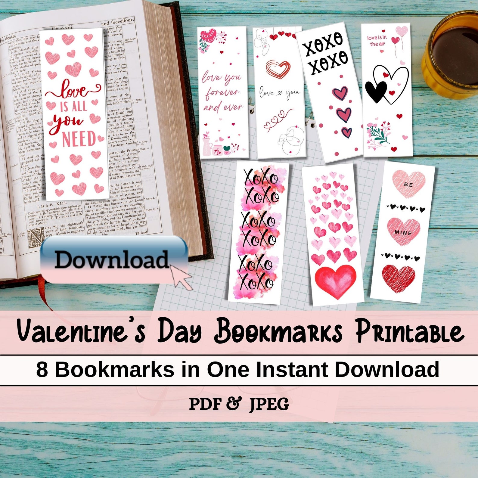 Valentine's Day Bookmarks Printable Bundle, Printable Valentine's Day ...
