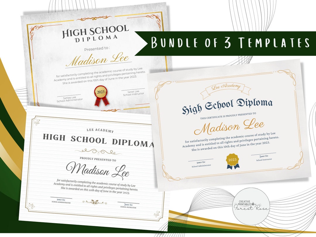 Editable High School Diploma Template, Graduation Template Bundle ...