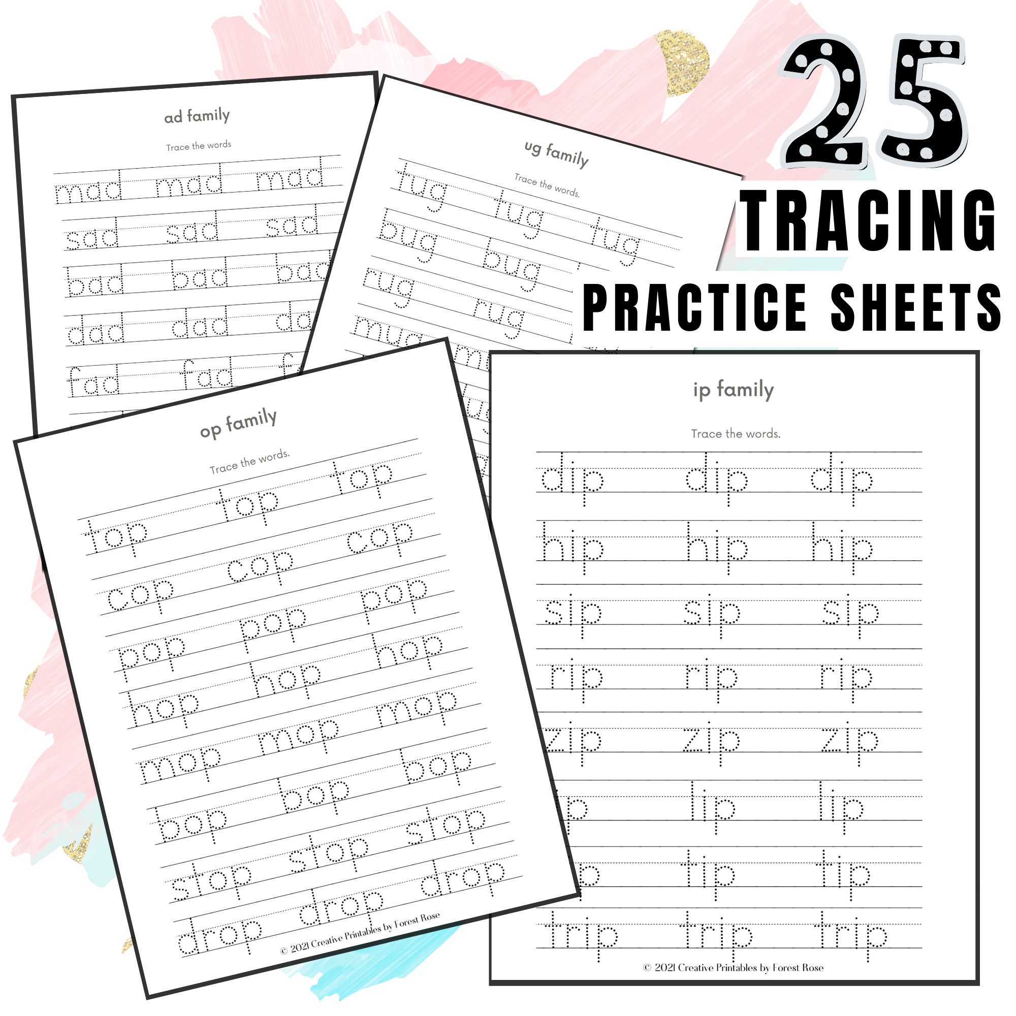 Word Family Tracing Worksheets for Preschool | Phonics Word Families ...