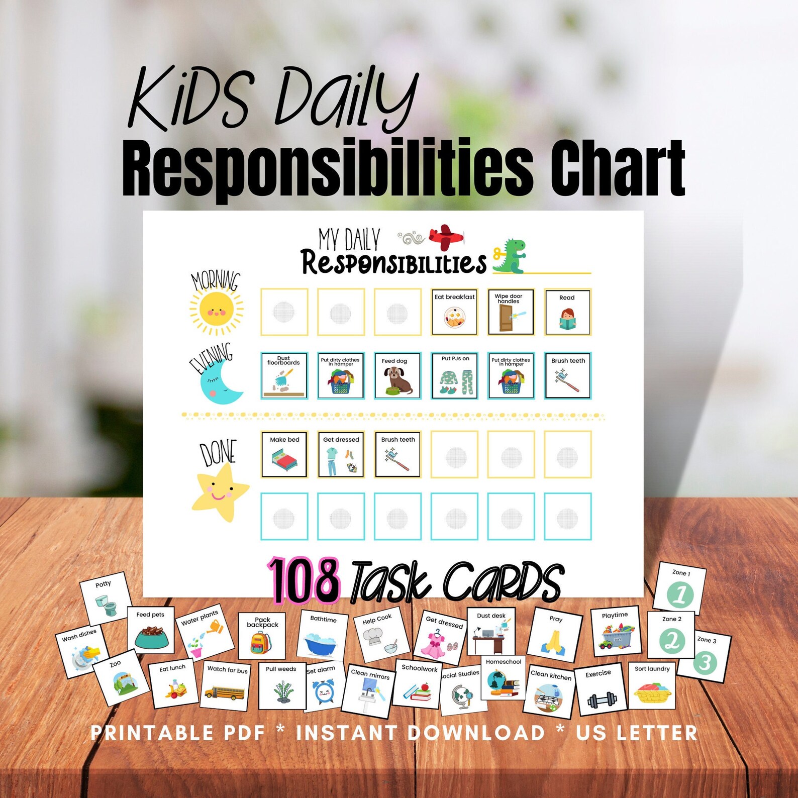 Kids Daily Responsibilities Chart, Printable Chore Chart, Daily Routine, Morning/evening ...