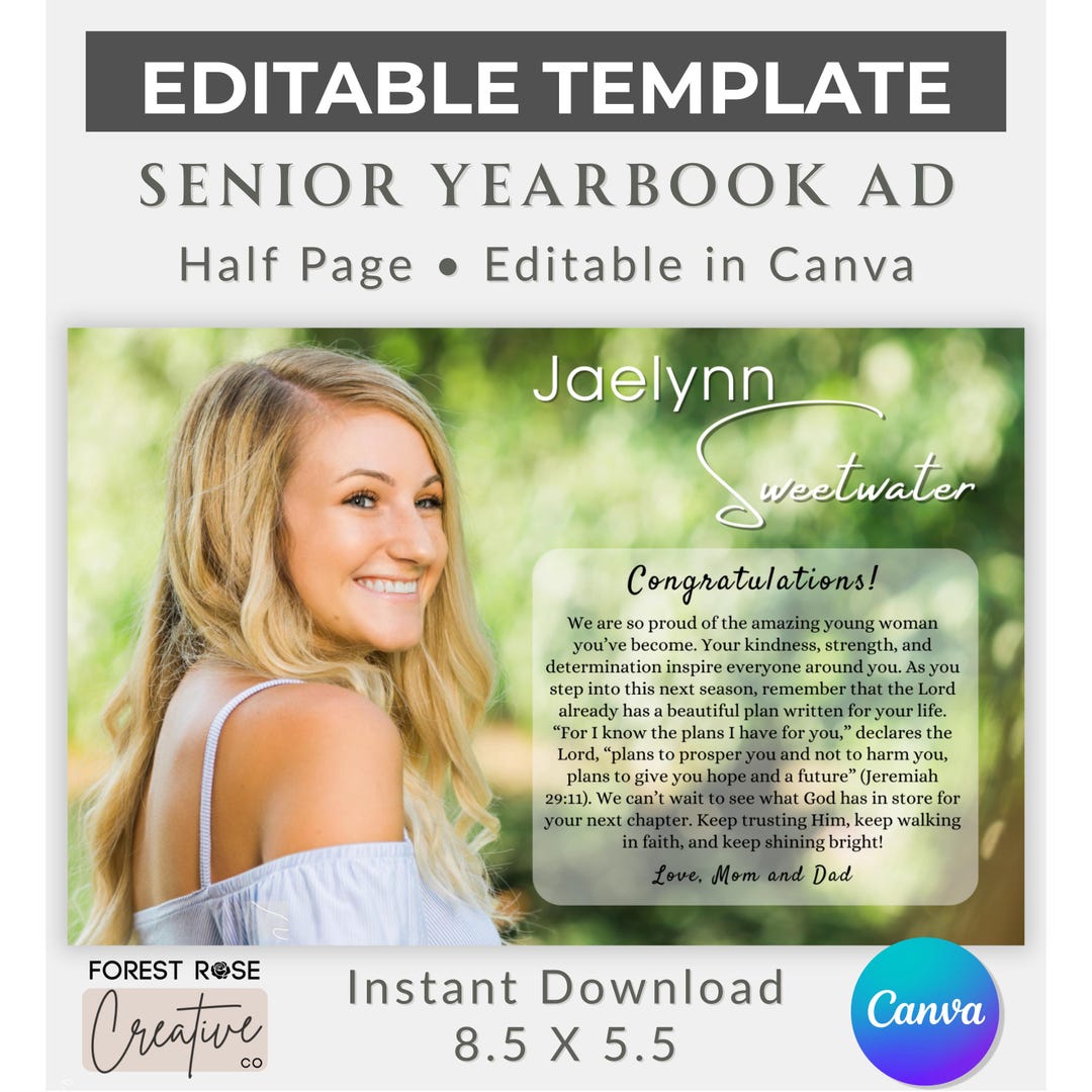 Half Page Yearbook Ad Template Editable Canva | Senior Graduation Shout ...