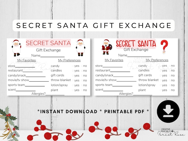 Printable Secret Santa Questionnaire for Gift Exchange, Secret Santa ...