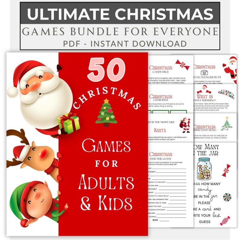50 Christmas Games for Kids and Adults Printable Bundle, Holiday Party ...