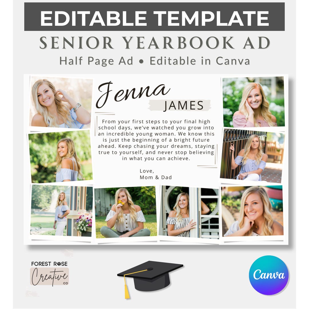 Editable HALF PAGE Yearbook Ad, DIY Personalized High School Grad ...