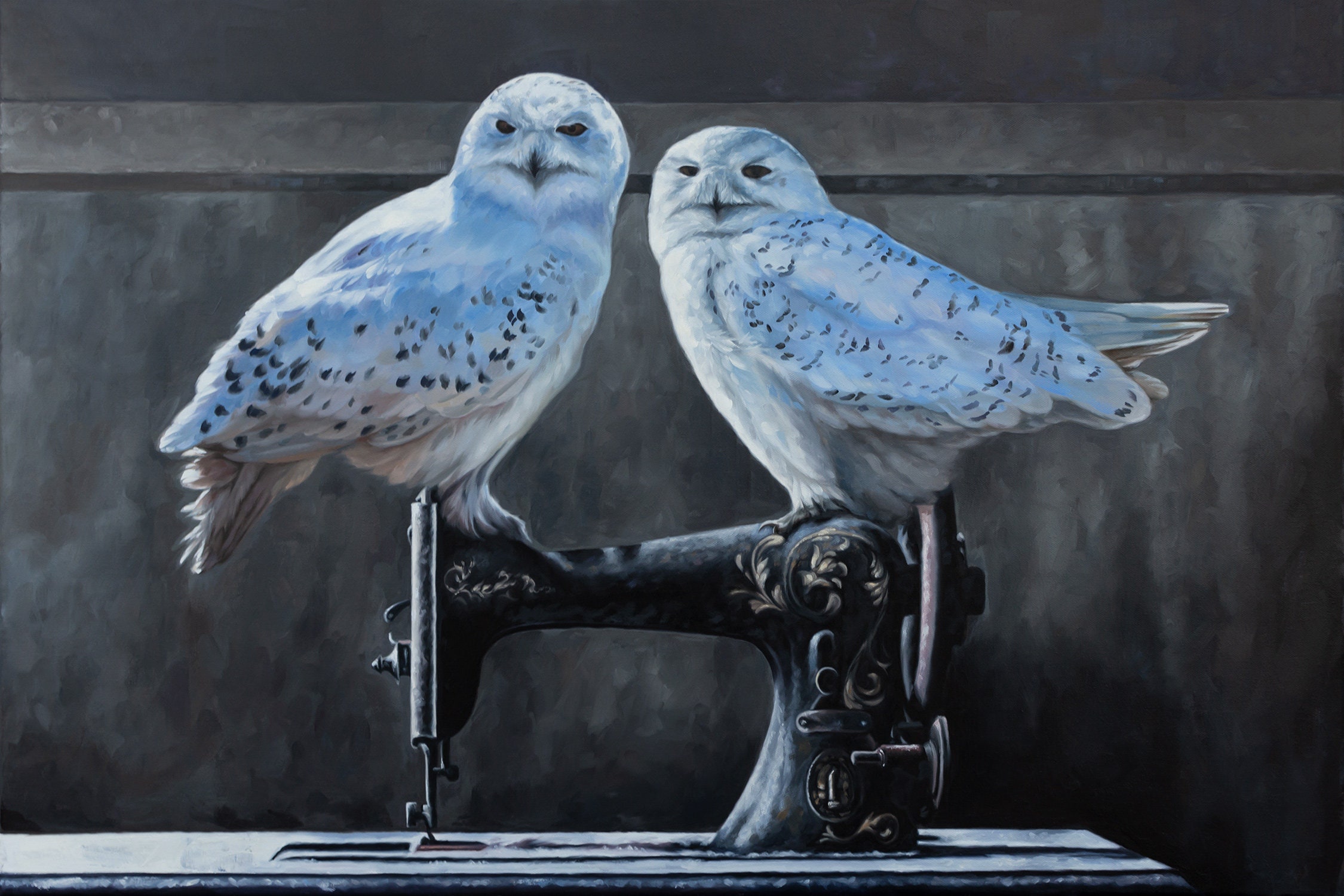 Victorian Snowy Owls and Sewing Machine Original Oil Painting 36x24x.75 ...