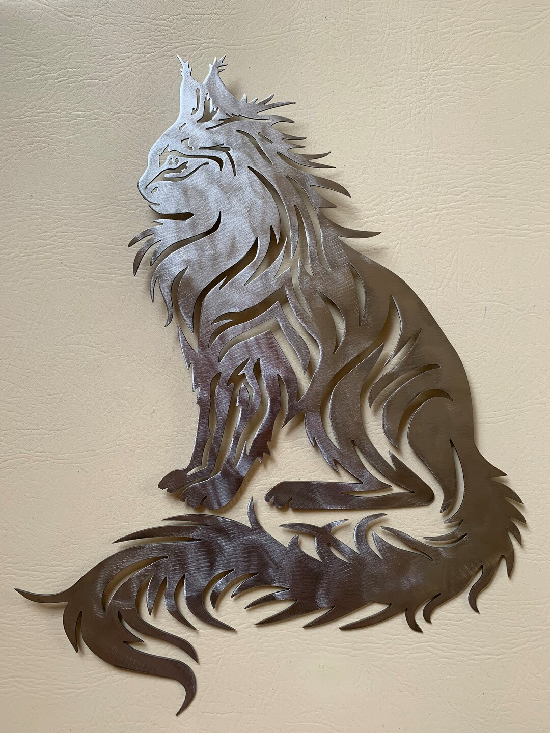 Large Long Haired Cat Silver or Tabby Maine Coon Style Metal Wall Art 2 ...