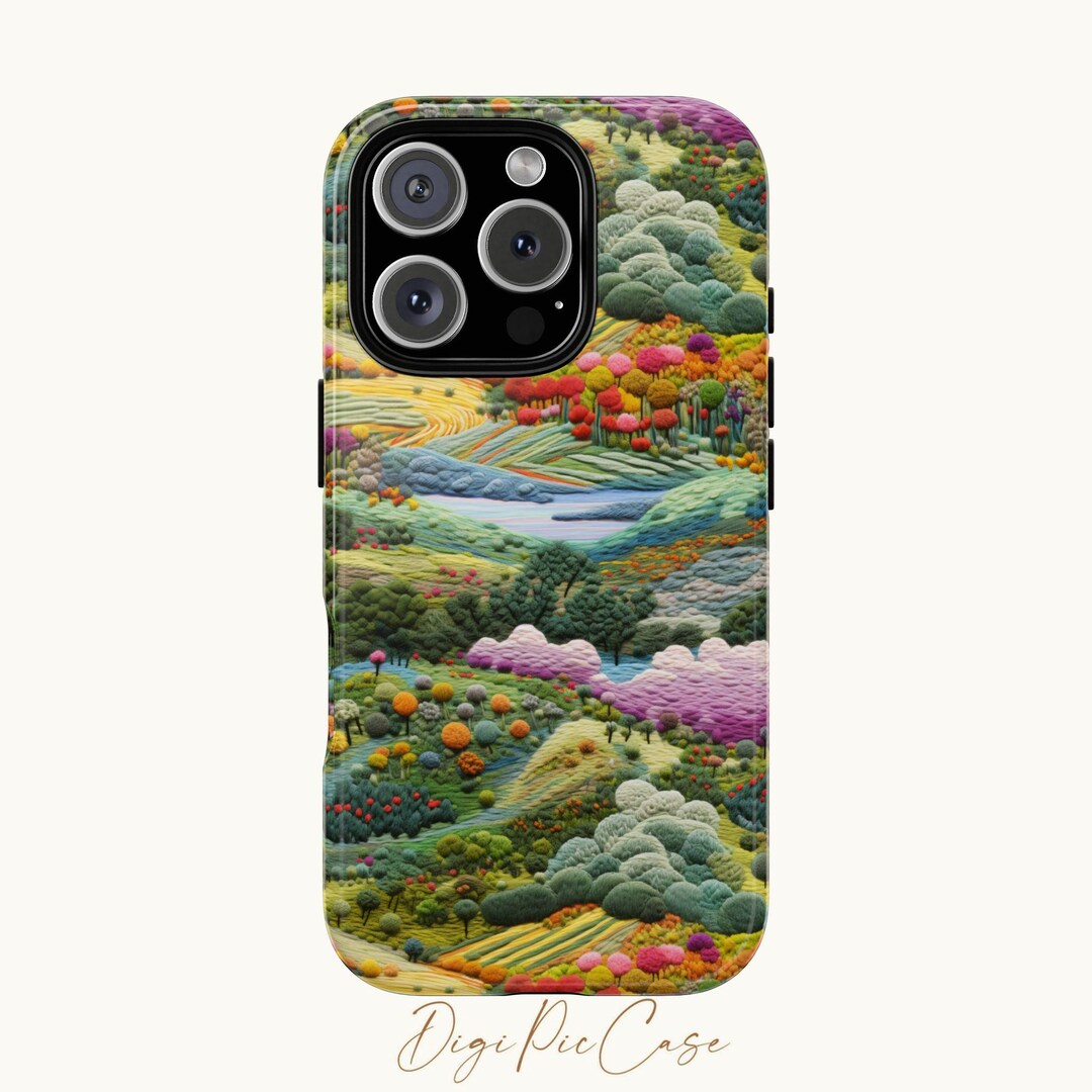 Embroidery Cottagecore Landscape Phone Case, iPhone 16 15 14 13 12 Pro ...