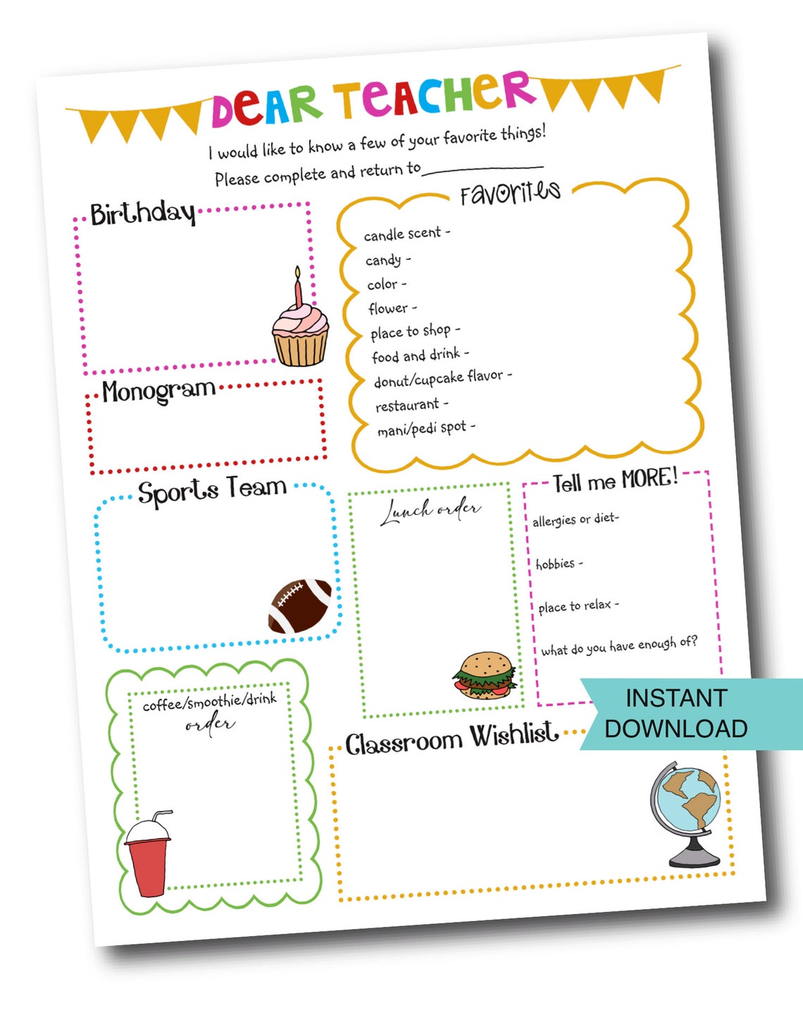 Get to Know Your Teacher Printable, Teacher Questionnaire Form, Tell Me ...