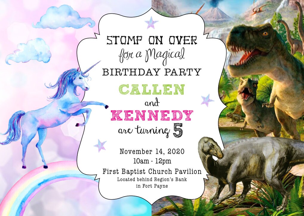 Unicorn and Dinosaur Birthday Party Invitation -split Birthday Party ...