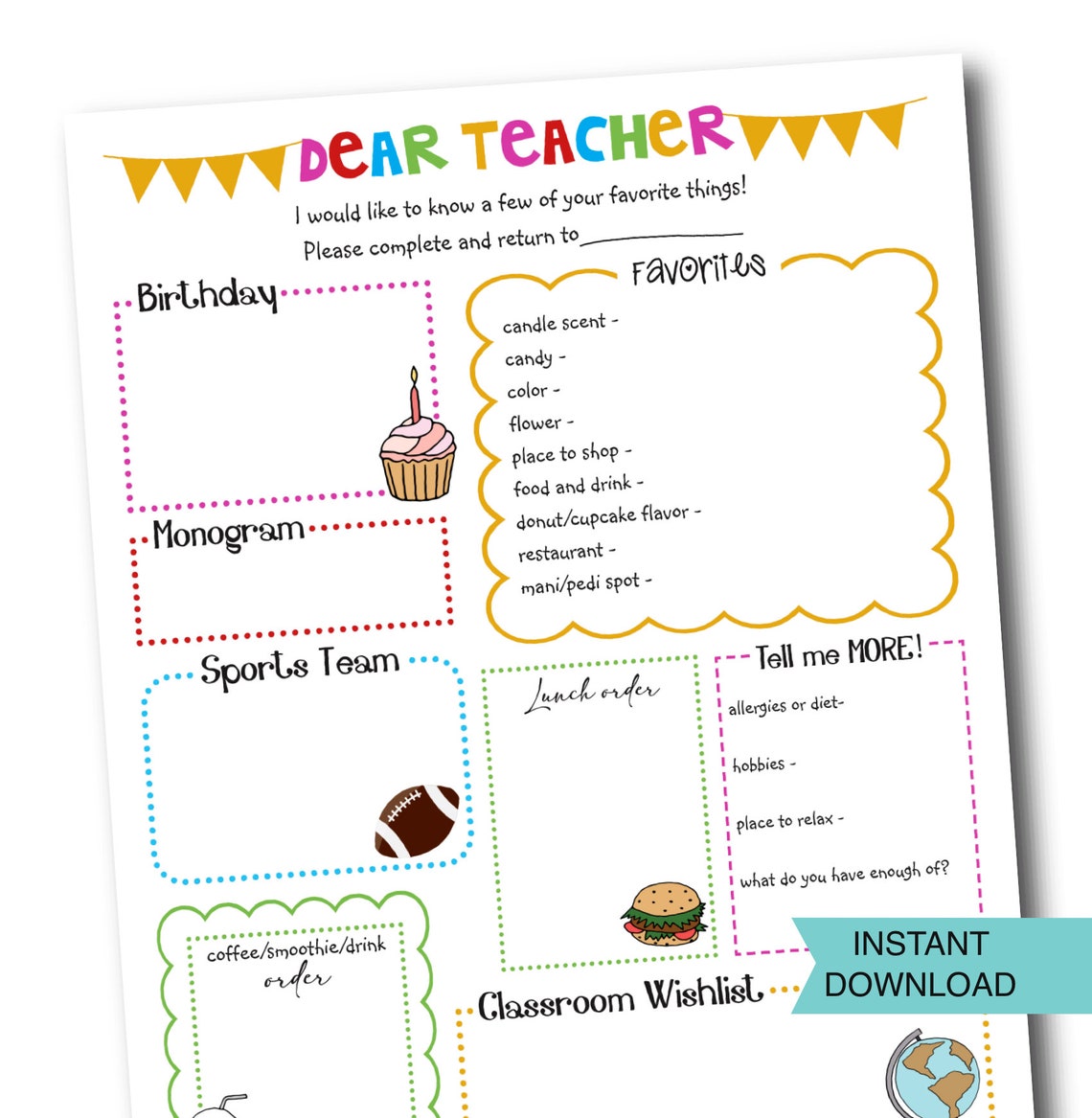 Get to Know Your Teacher Printable, Teacher Questionnaire Form, Tell Me ...
