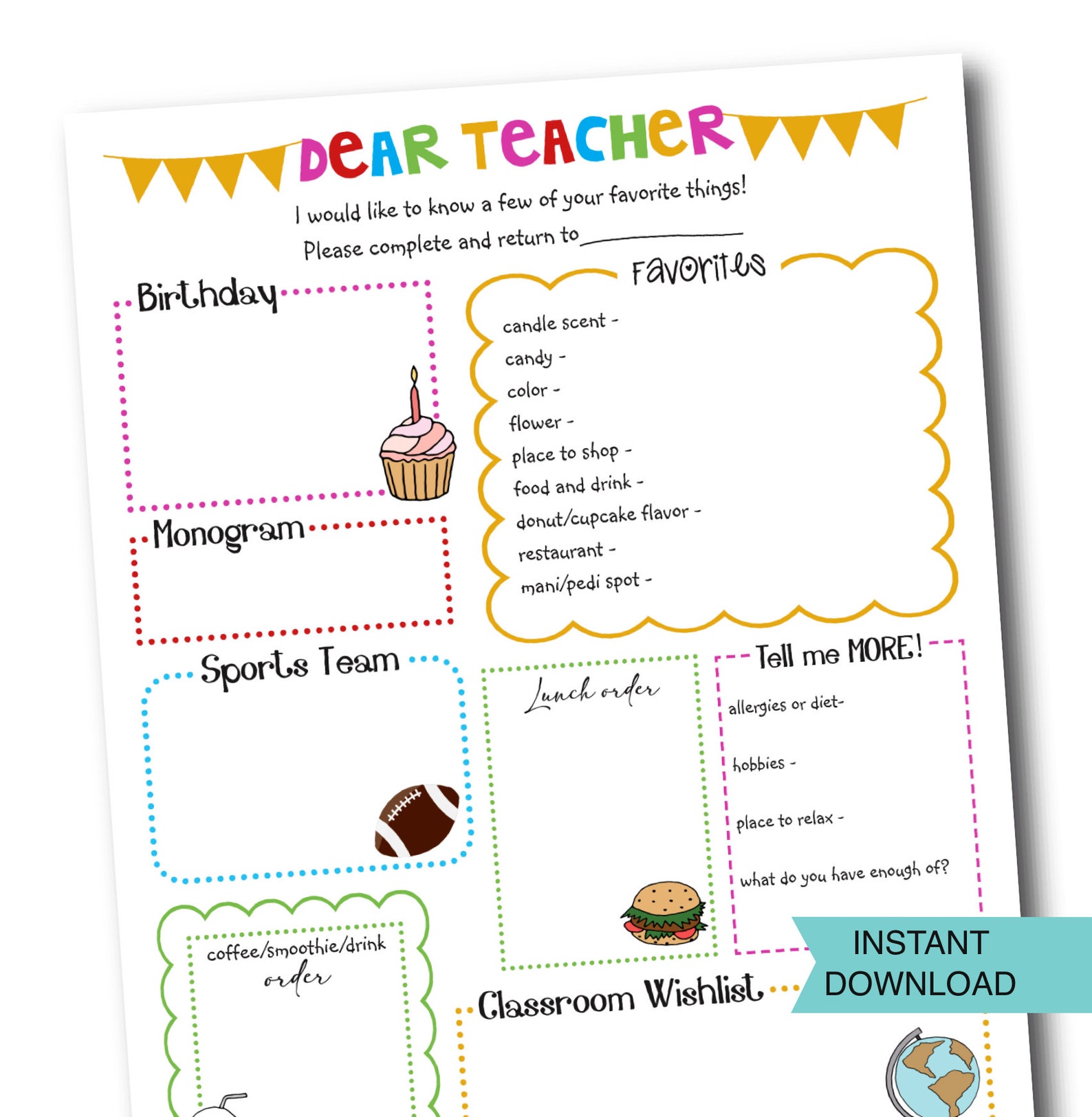 Get to Know Your Teacher Printable, Teacher Questionnaire Form, Tell Me ...