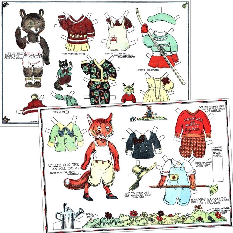 Bear & Fox Printable Paper Doll Animal Image Digital Download - Etsy