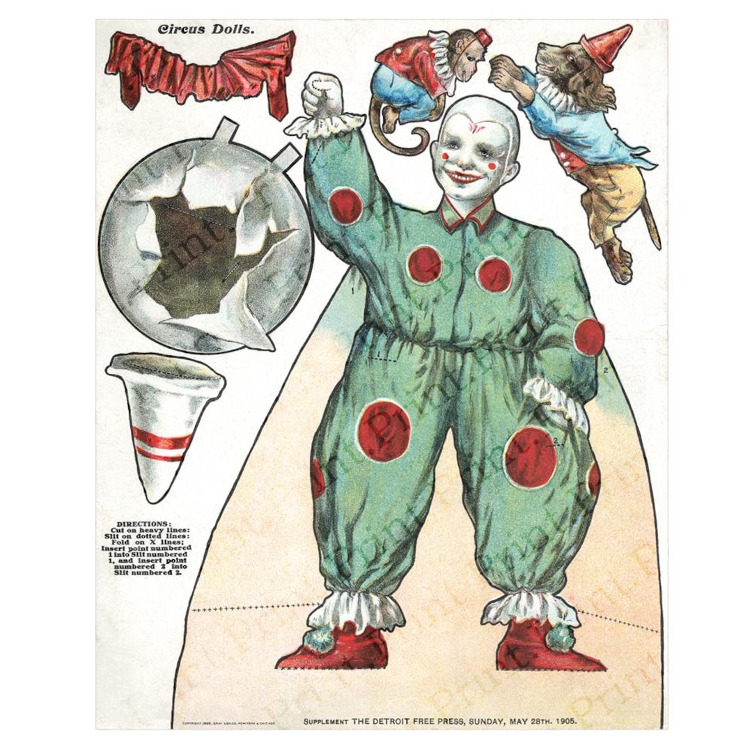 Circus Clown Antique Paper Doll Printable Paper Craft Digital Download ...
