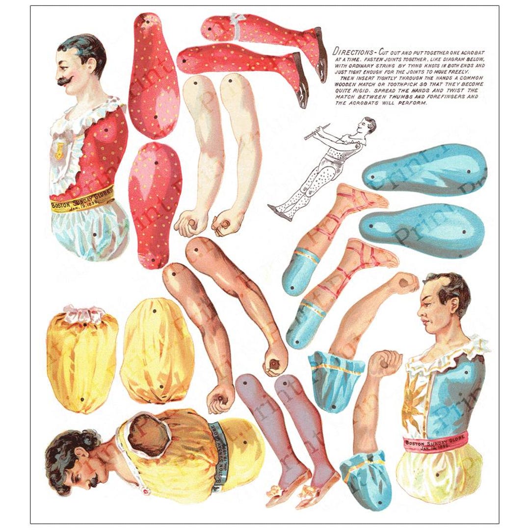 Acrobat Paper Puppet Antique Paper Doll Toy Digital Download Printable ...