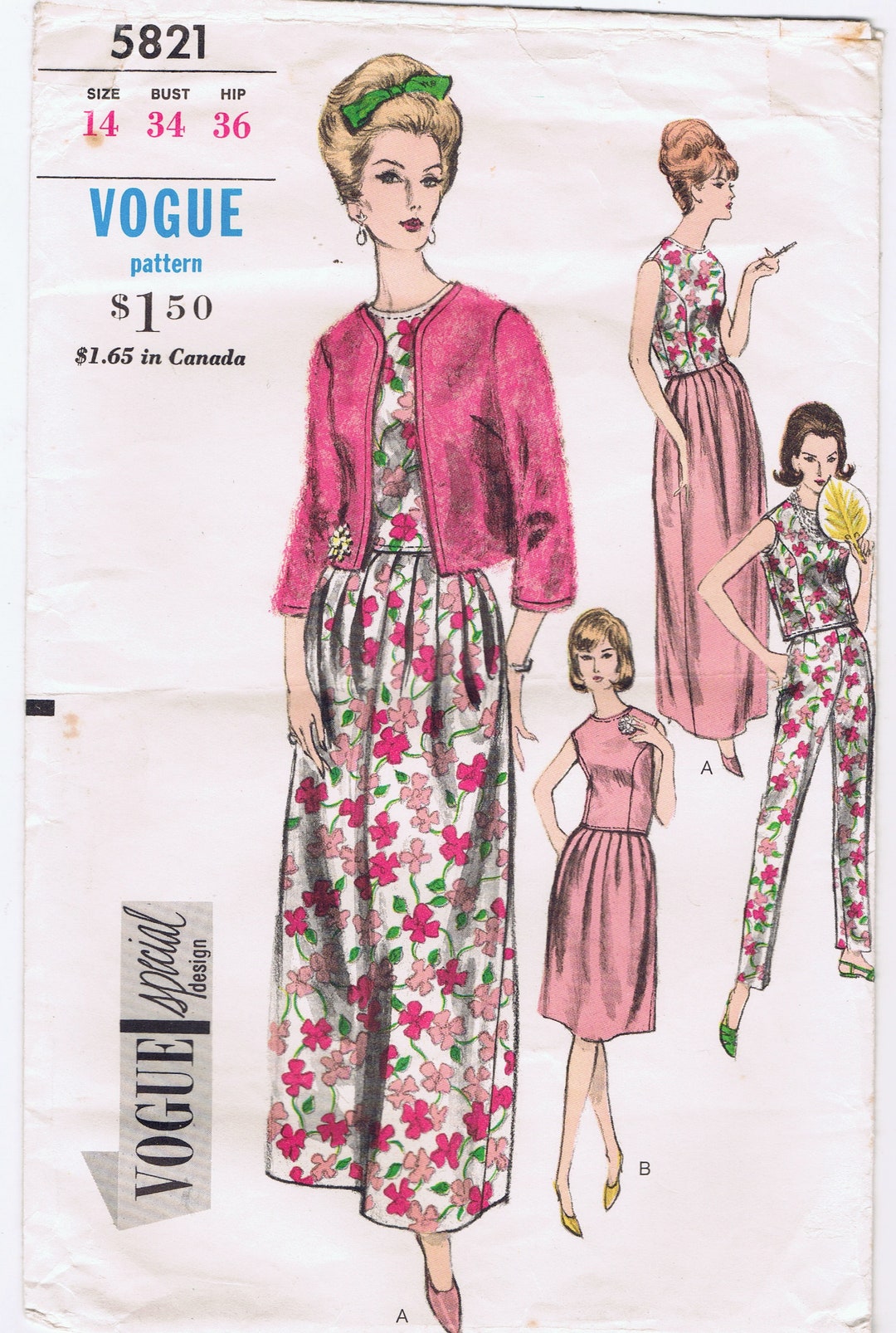 1963 Vogue Pattern 5821 Size 14 Blouse Jacket Release Pleat Skirt Pants ...