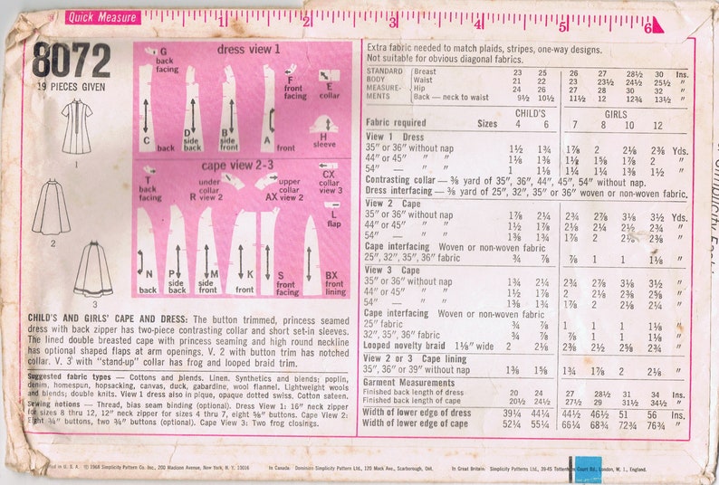 1968 Simplicity Pattern 8072 Girls Sz 7 Fall Double Breasted - Etsy
