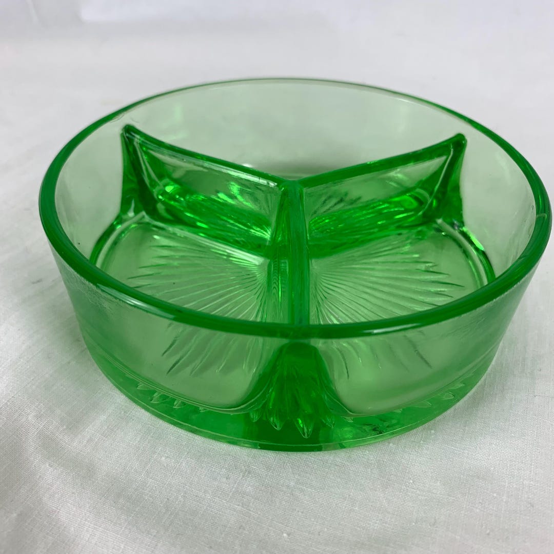 Vintage Green Depression Glass Divided Bowl or Candy Dish 3 Parts ...