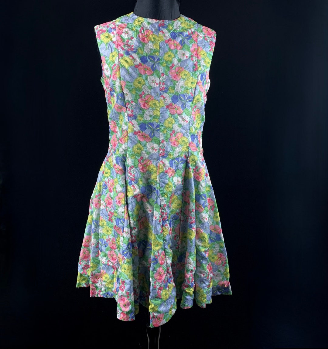 1960s Dress L Handmade Sleeveless Shift Quilted Floral Polyester Metal ...