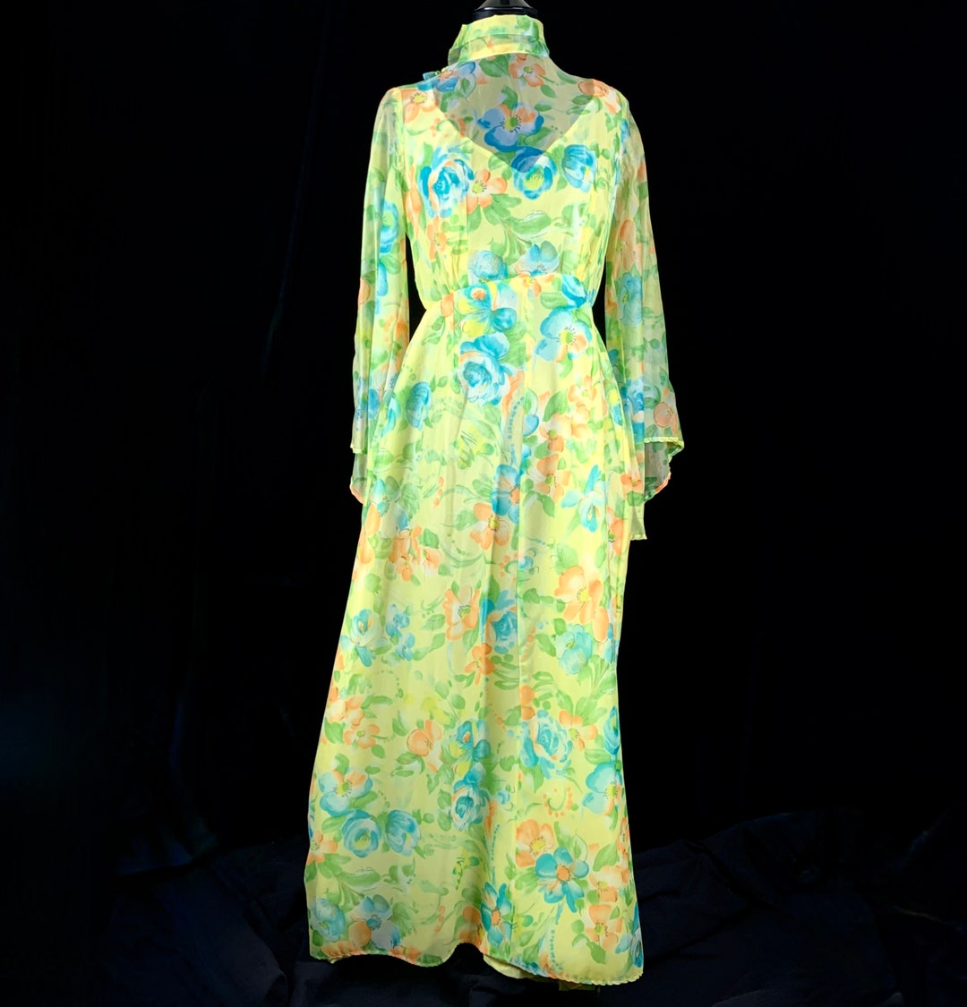 Handmade 1968 Colorful Floral Organza Lined Maxi Dress S/M Modest Prom ...