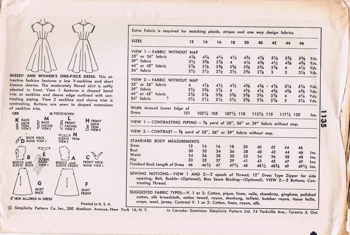 Uncut 1955 Simplicity Pattern 1135 Mid Century Dress Size 18 - Etsy