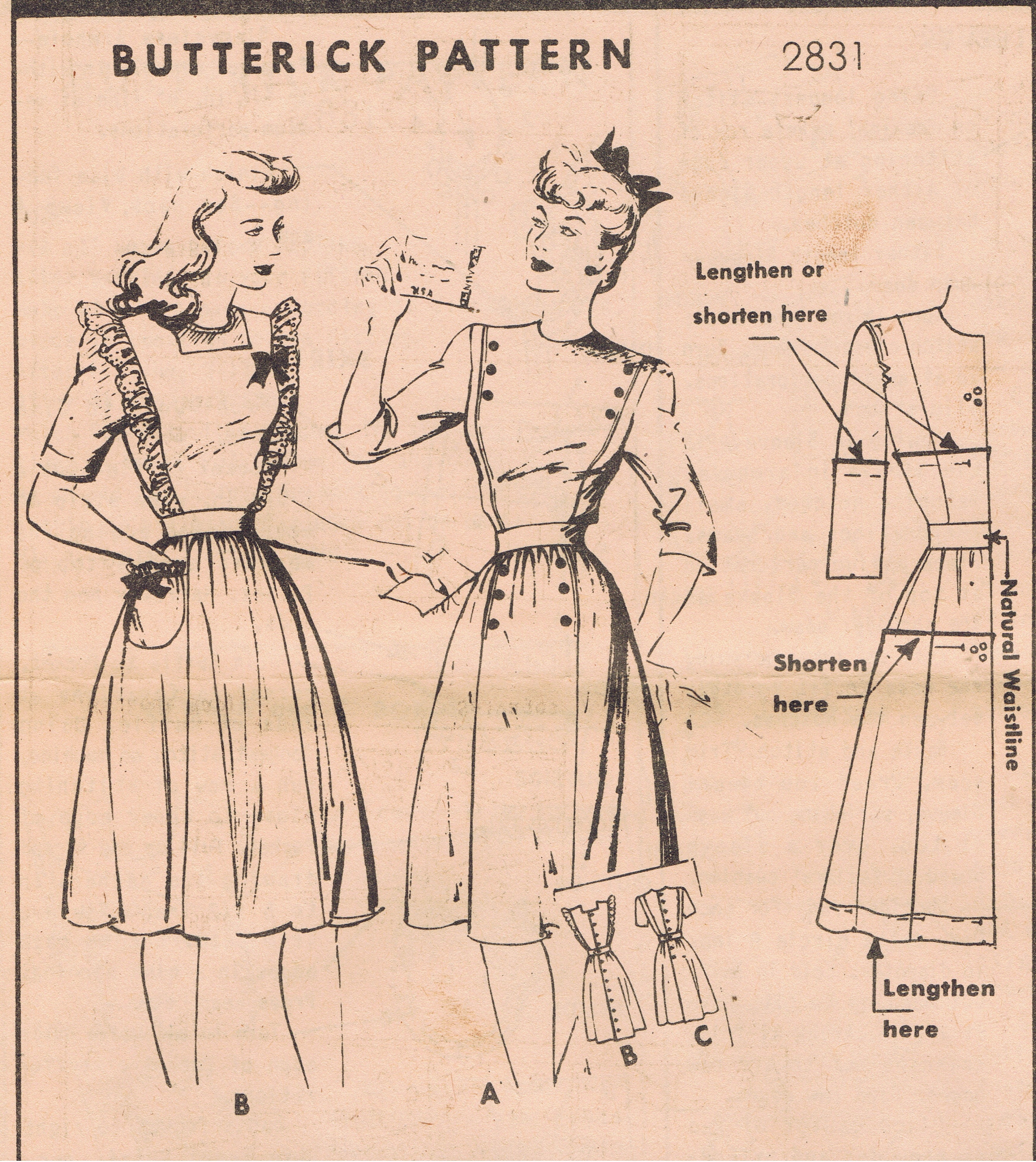 1940's Butterick 2831 Sewing Pattern Dress S Pinafore or Frock Dress ...