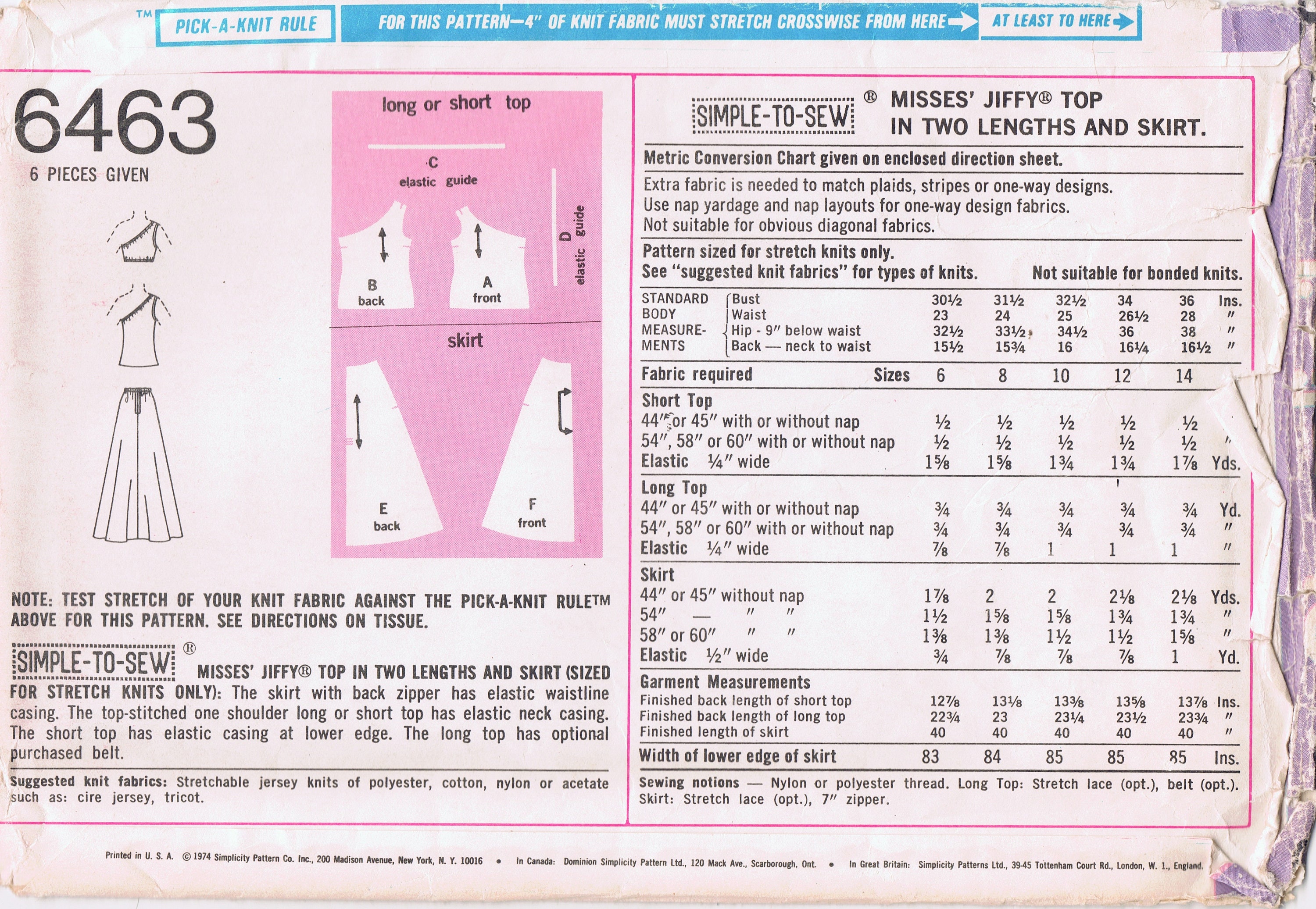 Uncut 1974 Simplicity Pattern 6468 One Shoulder Crop Top 14 | Etsy