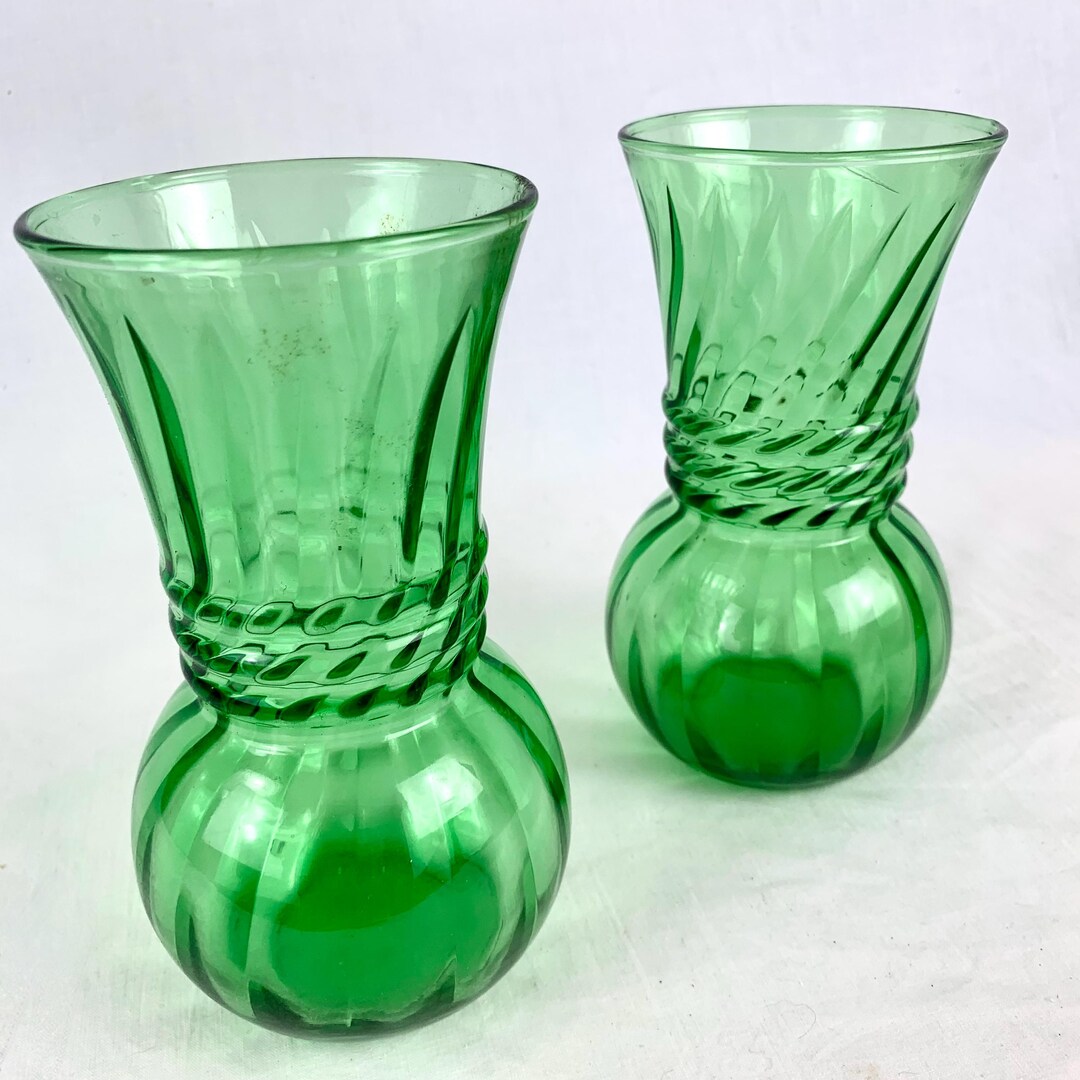 Pair of Anchor Hocking Vintage Vases See Through Green Glass Ribbed and ...