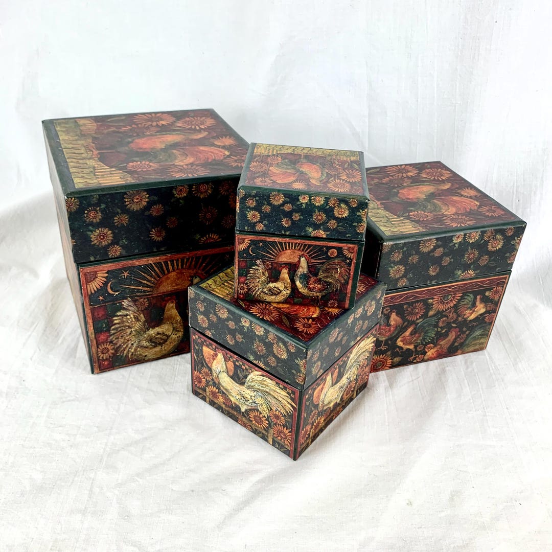 Vintage Bobs Boxes 4 Stacking Nesting Containers Primitives Roosters Chickens Sun Rise and Shine ...