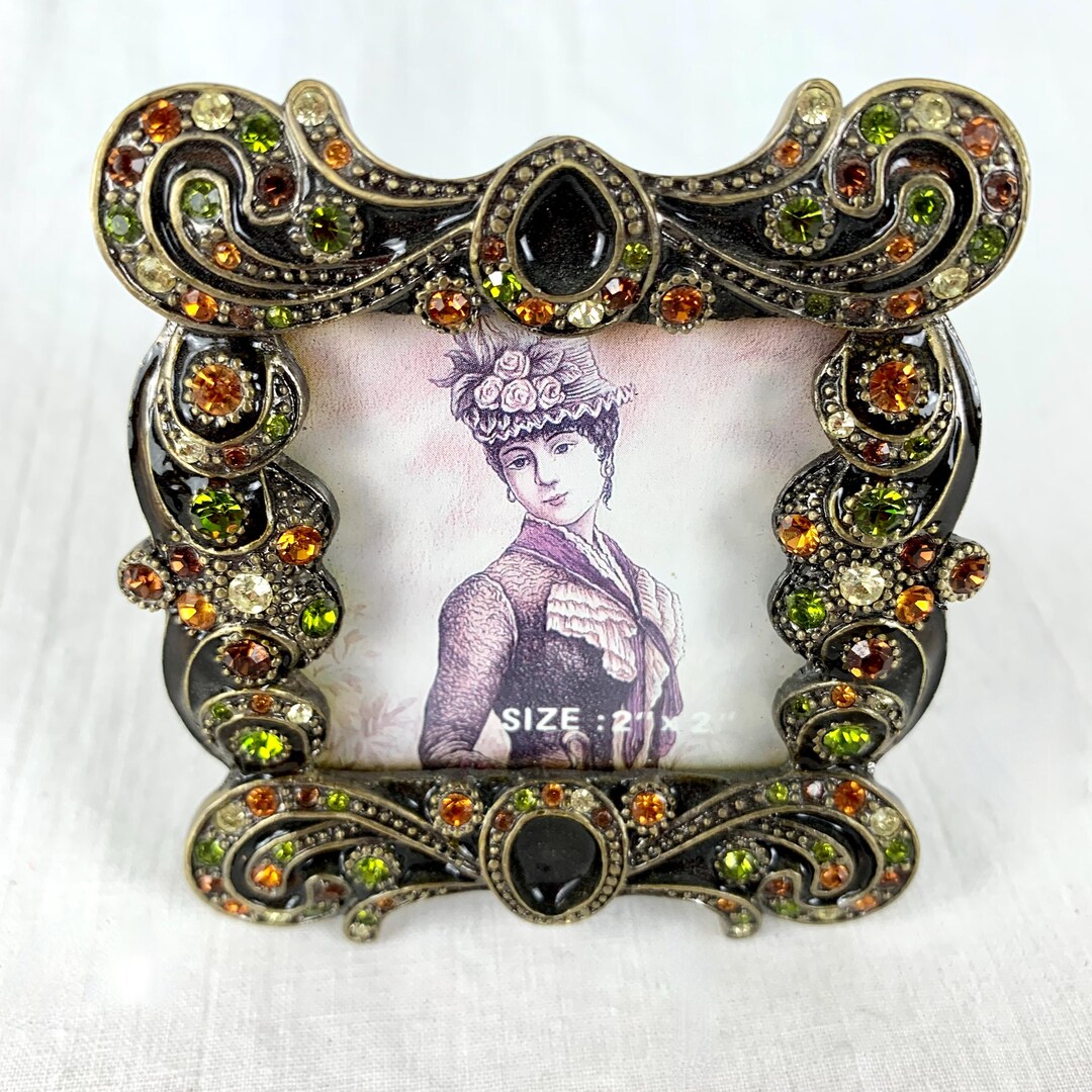 New Vintage Tizo Ornate Photo Frame Green Orange Rhinestones Jeweled ...